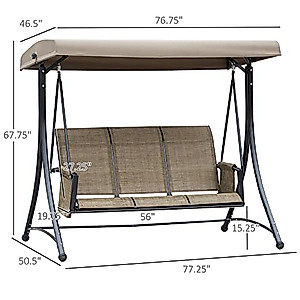 Outsunny 3-Seat Patio Swing Chair, Outdoor Porch Swing Glider with Adjustable Canopy, Side Pouches, Breathable Seat and Back, for Garden, Poolside, Backyard, Brown