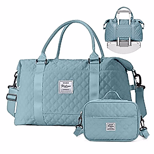 Weekender Bags for Women with Toiletry Bag, Travel Duffel Bag with Wet Pocket & Trolley Sleeve, Overnight Carry On Tote Bag Sports Gym Bag,Pale Blue
