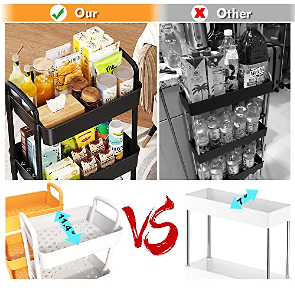 5-Tier Rolling Cart, Multipurpose Utility Cart, Rolling Carts with Lockable Wheels, Storage Cart Craft Cart Organizer for Bathroom Laundry Kitchen,Used as Book Art Snack lash Makeup Diaper cart,Black