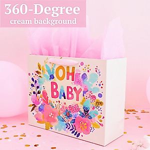 FENKON 13'' Large Baby Girl Gift Bag for Baby Shower Birthday with Tissue Paper and Greeting Card, Flowers OH BABY (BabyPink, 13'')