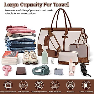 ETRONIK Weekender Overnight Bag for Women, Large Travel Duffle Bag with Shoe Compartment & Wet Pocket, Carry On Tote Bag Gym Duffel Bag with Toiletry Bag, Bag for Hospital 4 Pcs Set, Beige-Brown