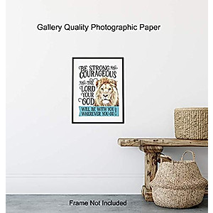 Be Strong and Courageous Wall Art - Lion Religious Scripture Decor - Christian Bible Verse Gifts for Men, Boys Bedroom, Teen Room - Motivational, Positive, Inspirational Quotes - Blessed Wall Decor