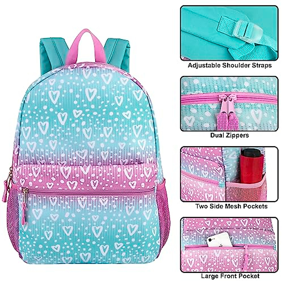 17 Inch Backpack with Side Pockets for Girls for School, Travel, Hiking, Camping (Ombre Hearts)
