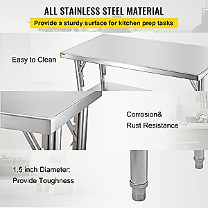 VEVOR Commercial Worktable Workstation 48 x 24 Inch Folding Commercial Prep Table, Heavy-duty Stainless Steel Folding Table with 772 lbs Load, Kitchen Work Table, Silver Stainless Steel Kitchen Island