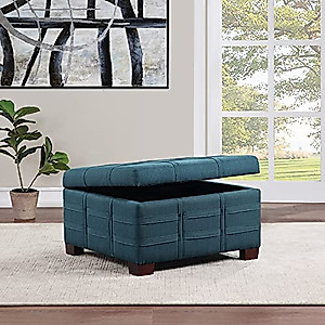 OSP Home Furnishings Detour Strap Square Storage Ottoman with Tray and Solid Wood Legs, Azure Fabric
