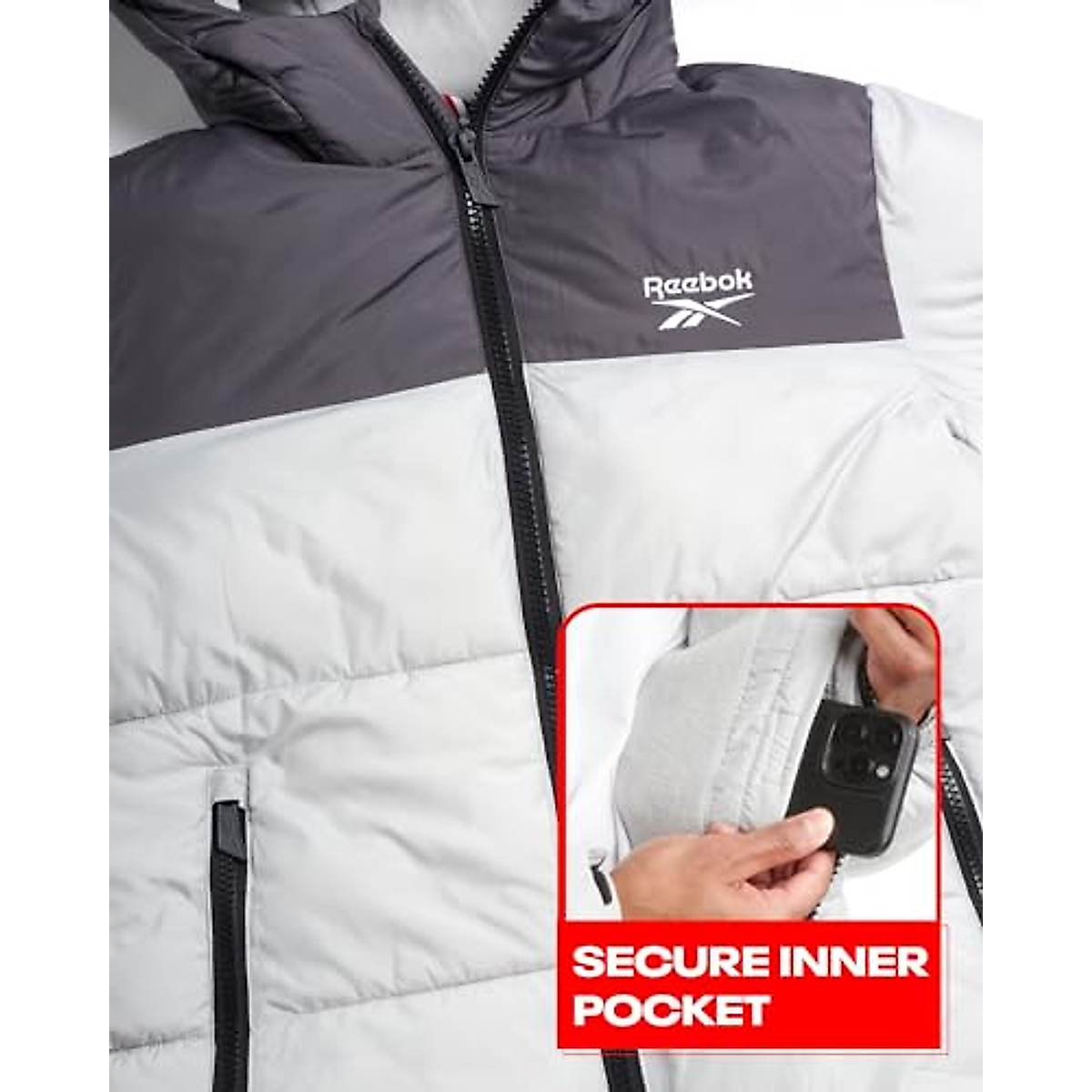 Reebok Men's Puffer Jacket - Heavyweight Quilted Puffer Coat with Wide Hood - Weather Resistant Ski Jacket for Men (M-XXL), Size Large, Charcoal/Grey