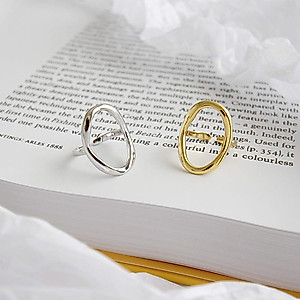 Oval Round Loop Open Statement Sterling Silver Ring for Women Men Minimalist Geometic Circle Wedding Eternity Band Adjustable Knuckle Rings Fashion Jewelry (Yellow Gold)