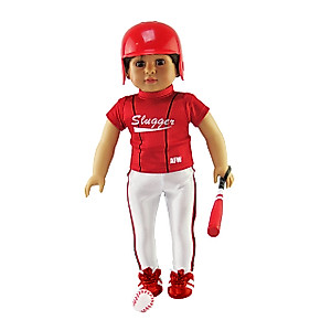 American Fashion World Red Baseball Uniform for 18-Inch Dolls | Accessories Included | Premium Quality & Trendy Design | Dolls Clothes | Outfit Fashions for Dolls for Popular Brands