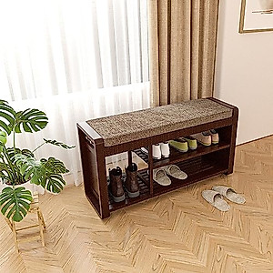 NURTUDIS Shoe Rack Bench Entryway, Bamboo Shoe Storage Stool with Removable Cushion, 2-Tier Entryway Shoe Organizer Shelf with Side Drawer & Hooks for Entryway, Living Room, Bedroom, Bathroom(Large)