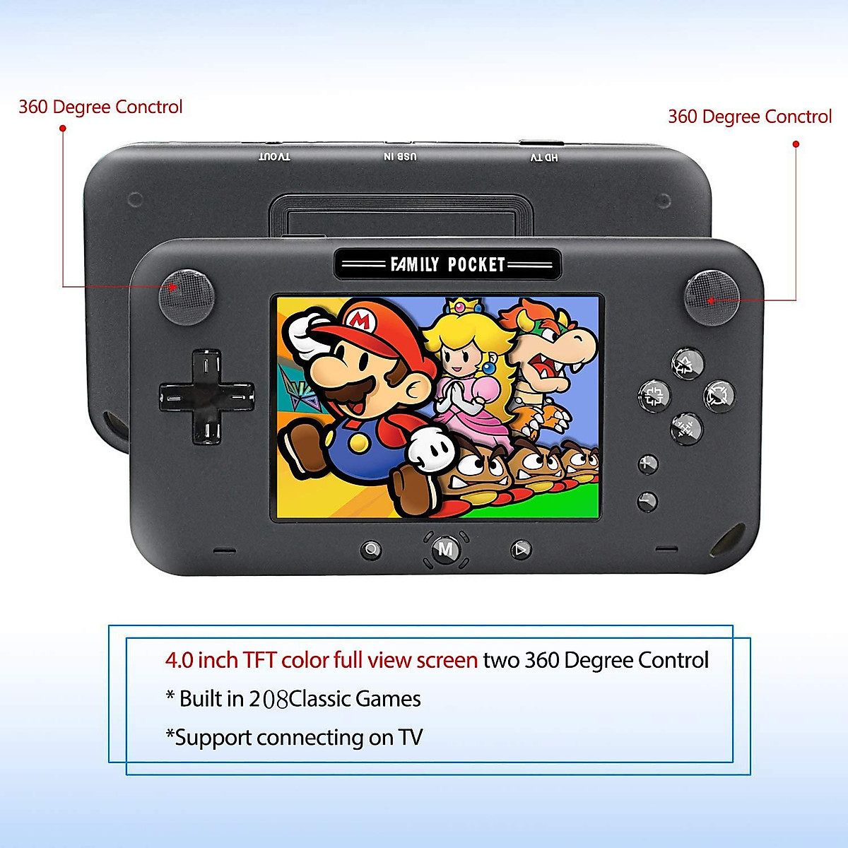 JAOK Handheld Game Console, Portable Game Player Built-in 208 HD Classic Games 4" LCD Retro Gaming System, Support TV/AV 12 Bit Rechargeable Handheld Game Console (Gray)