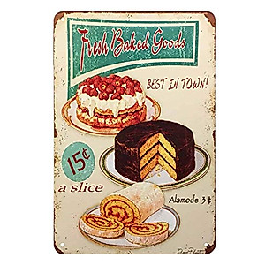 AOYEGO Fresh Baked Goods Tin Sign,Cake Cream Ring Fresh Delicious Strawberry Fruit Food Chocolate Dessert Plate Vintage Metal Tin Signs for Cafes Bars Pubs Shop Wall Funny Retro Signs 8x12 Inch