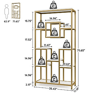 Tribesigns 71" Gold Etagere Bookshelf, Modern 11-Tier Tall Open Display Bookcase Bookshelves, Free Standing Book Shelf for Living Room, Bedroom, Home Office, Gold & White