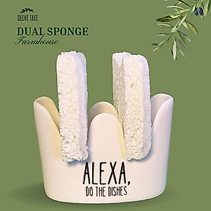 Alexa Mud Pie Sponge Holder for Kitchen Sink, Dual Ceramic Porcelain Cup for Sponges, Rustic Farmhouse Decor, Off-White