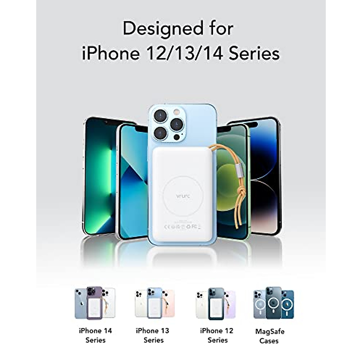 VRURC Magnetic Power Bank for iPhone, 10000mAh Wireless Portable Charger, 5W/7.5/10W/15W Charging & Max 22.5W USB Port Fast Charging, Battery Pack Compatible with iPhone 14/13/12 Series - White