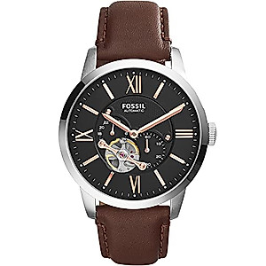 Fossil Men's Townsman Automatic Stainless Steel and Leather Two-Hand Skeleton Watch, Color: Silver, Brown (Model: ME3061)
