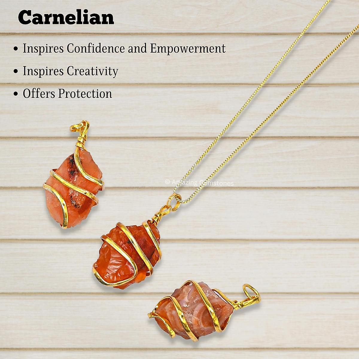 Carnelian Crystal Necklace with Gold Spiral Carnelian Raw Stone - Carnelian Pendant Women Wire Wrapped Pencil Jewelry with Adjustable Gold Chain and Premium Velvet Pouch (Extra Free Boho Necklace)