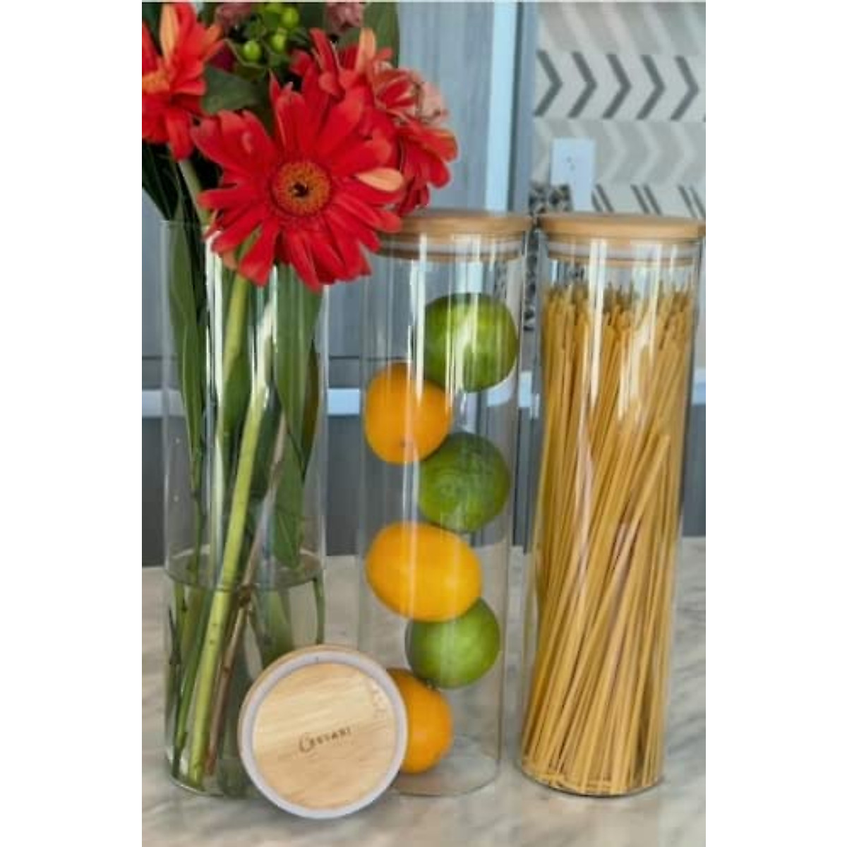 Cestari Pasta Storage Jars: Spaghetti Container Glass Pasta Jar with Bamboo Lid, Airtight Dry Food Storage Kitchen Canister for Pasta, Spaghetti, Macaroni, Rotini, Noodles, Candy, and More