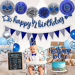 Half Birthday Decorations Baby Boy, Hombae 1/2 Birthday Boy Decorations Supplies, 6 Months Birthday Decorations Boy, Blue Glitter Half Birthday Banner with Triangle Flag Banner, 1/2 Birthday Hat Crown with Blue Bow Tie, Halfway to One Cake Topper, Blue Gr