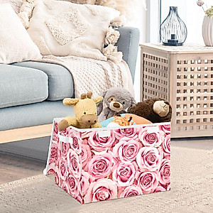 MFTJYO Storage Bin with Lid Pink Rose Flower Foldable Storage Box Washable Fabric Storage Cubes Bin Organizer Basket Closet for Home Bedroom Closet Nursery Office