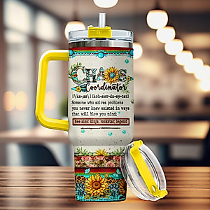 9GIFT4YOU Chaos Coordinator Leopard Sunflower, Tumbler 40 Oz With Handle Lid And Straw, Chaos Coordinator Gifts, Handle Tumblers Flower Butterfly Yellow Coffee Women For Floral Black