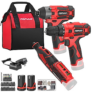POPULO 12V Max Lithium-ion Cordless Combo Kit (3-Tool), Power Drill Driver, 1/4 in. Impact Driver, Power Rotary Tool Combo Kit with 2.0Ah Batteries (2-Pack), Charger and Tool Bag