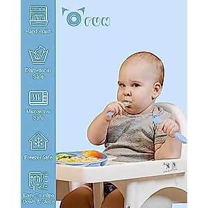 OFUN 8 Pack Silicone Toddler Feeding Set, Baby Led Weaning Supplies with Adjustable Bib, Divided Suction Plate, Bowl and a Sippy Cup, with 2 Spoon, 2 Folk, Eating Utensil for 6+ Months, Blue