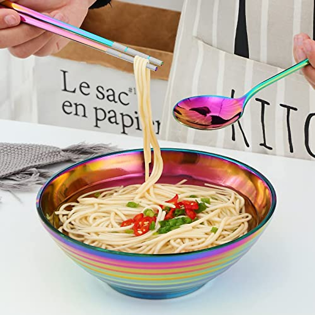 TUPMFG Ramen Noodle Bowl Sets: Stainless Steel Korean Bowls Large Metal Pho Soup Bowl with Chopsticks and Spoons Rainbow 2PCS