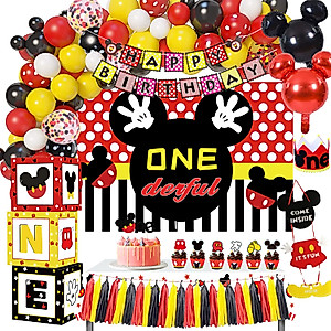 PYCALOW Mickey 1st Birthday Party Supplies - Mickey Theme Mouse Party Decorations Include Backdrop, Balloon Garland Arch, Welcome Sign Door Hanger, Banner, Crown, Balloon Box, Cake Toppers