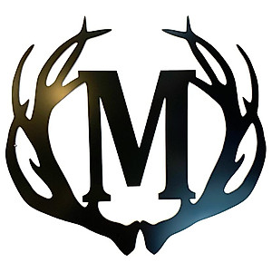 PK Decor Personalized ACM Metal Sign Deer Antler Decorations for Rustic Home Wall Decor, Customizable Last Name Initial Monogram, Buck Antler Door Hanger, Great Outdoor Hunter Gift (Block Initial)