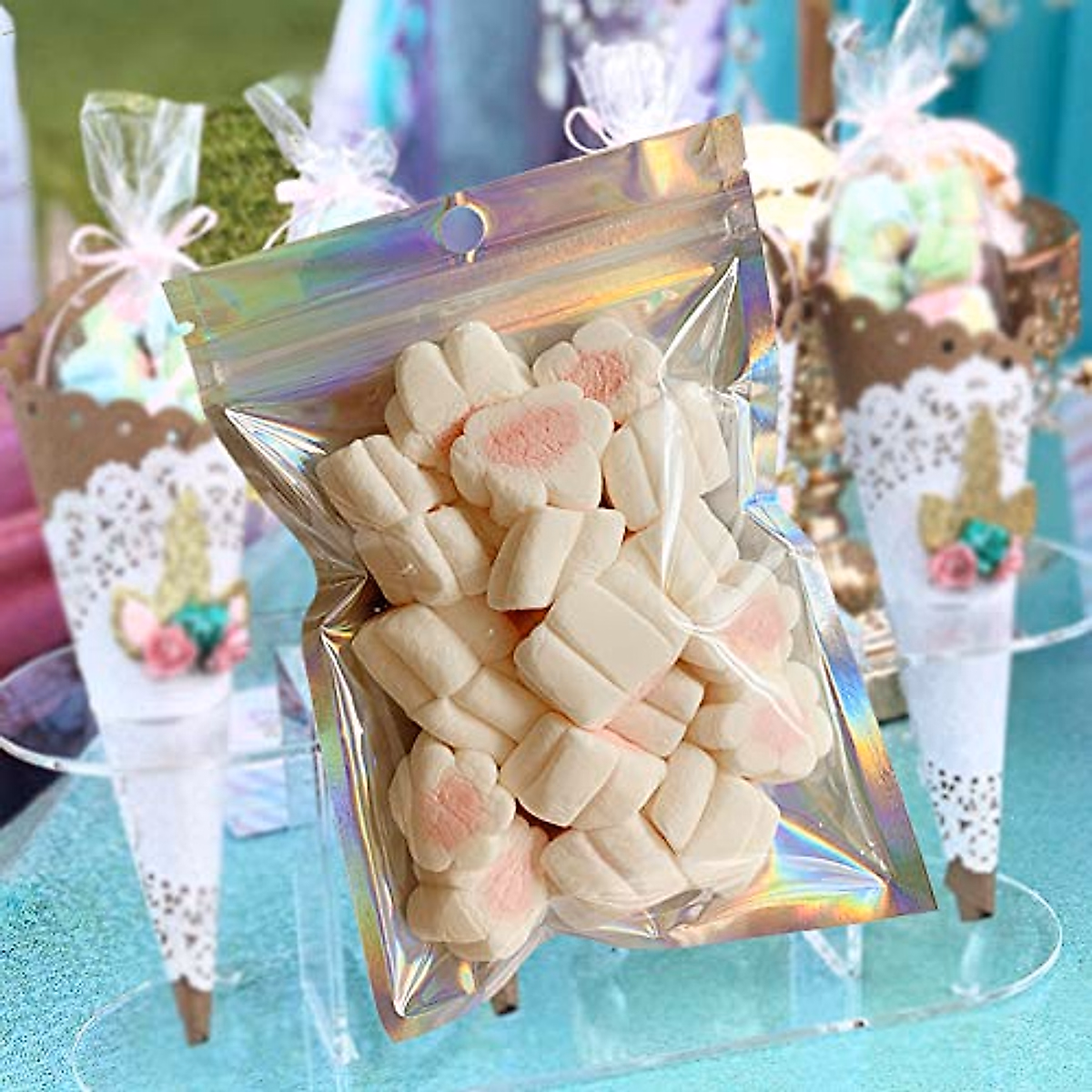 50Pack Holographic Foil Pouch Bag Flat Ziplock Bag Resealable Smell Proof Bags Aluminum Foil Bags Rainbow Mylar Bags for Lip Gloss Bath Salt Food Storage Party Favor (4 x 6 Inches)