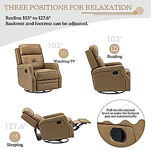 HULALA HOME Genuine Leather Swivel Rocker Recliners Set of 2 with Adjustable Backrest & Footrest, Manual Glider Recliners with 360° Swivel Base, Home Theater Sofa Chairs for Living Room, Taupe