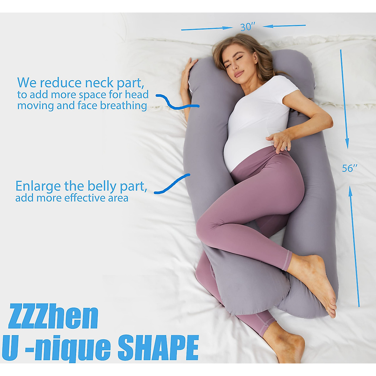 ZZZhen Pregnancy Pillow for Sleeping, U Shaped Maternity Pillow - 56 Inch with Grey Microfiber Removable Cover, Multi- Use and Support Back, HIPS, Legs, Belly for Pregnant Women Sleeping