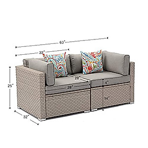 COSIEST 2-Piece Outdoor Furniture Loveseat Wicker Sectional Sofa Set w Warm Gray Thick Cushions, 2 Floral Fantasy Pillows for Garden, Pool, Backyard