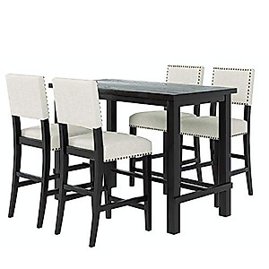 Dinehome 5 Piece Wooden Counter Height Dining Table Set with 4 Padded Chairs with Nailhead Trim for Kitchen, Breakfast Nook, Bar, Espresso + Beige