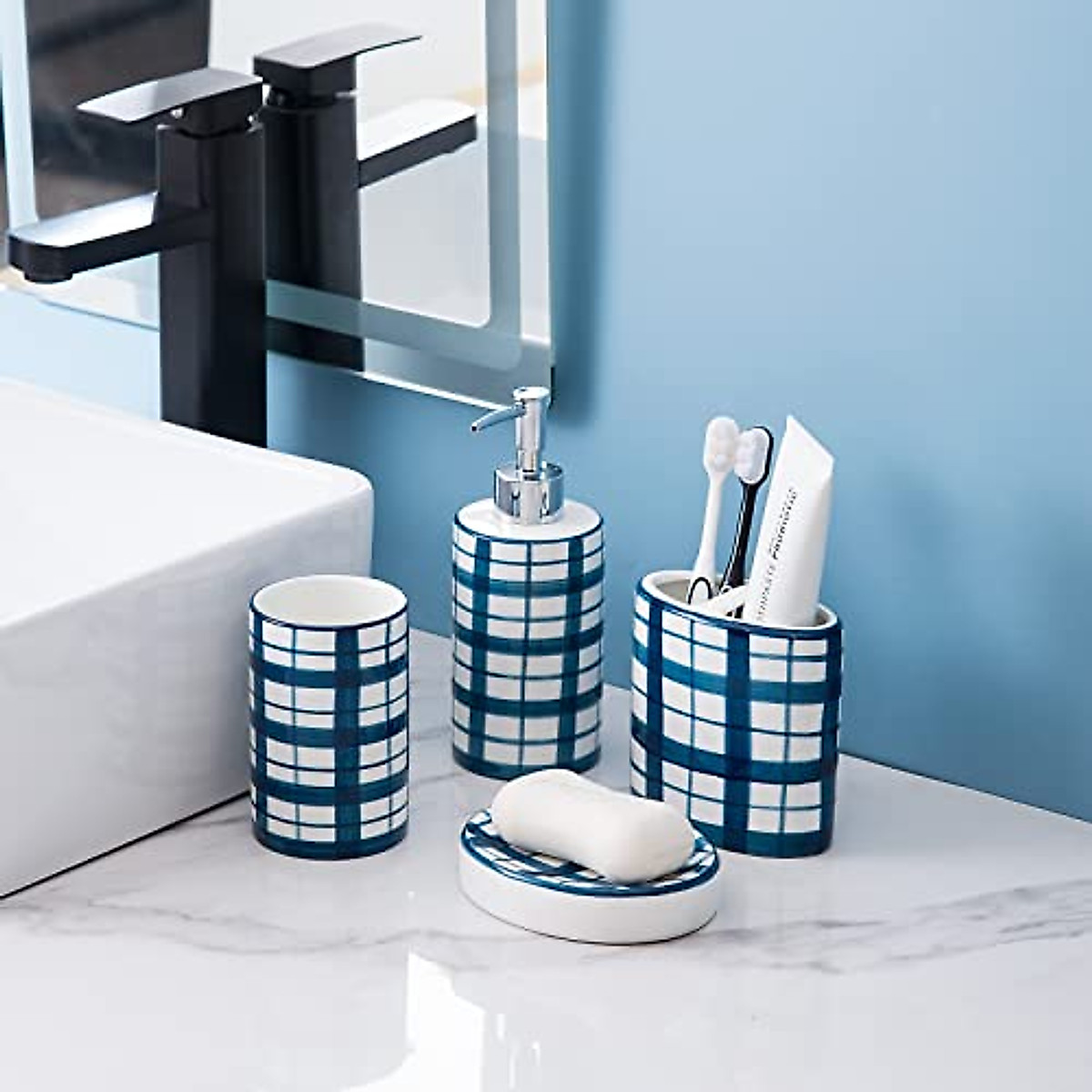 Ceramic Bathroom Accessories Set, Bath Vanity Countertop Blue Plaid Accessory Sets Complete, with Soap/Lotion Dispenser, Toothbrush Holder, Tumbler, Soap Holder