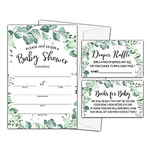 Baby Shower Invitation Kit, Diaper Raffle Games, Books For Baby, Greenery, Eucalyptus Baby Gender Reveal Fill In Invites Cards, Each Design 25 Cards & 25 Envelopes （A Total of 100 set） - BABYSET-007
