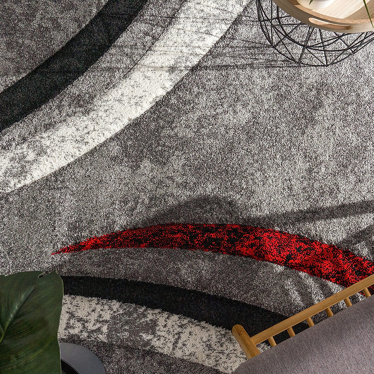 Paco Home Designer Rug with Contour Cut Striped Model in Grey Black and Red Mixture, Size:6'7" x 9'6"