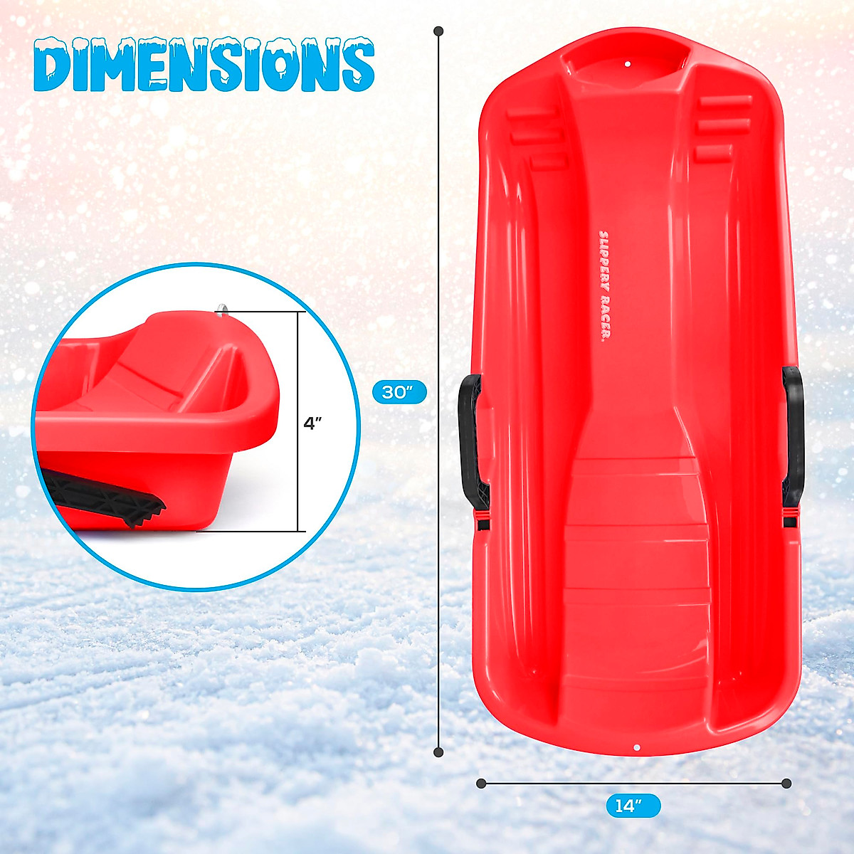 Slippery Racer Downhill Thunder Flexible Plastic Toboggan Snow Sled with Built in Brake System, Pull Rope, and Handle Grips, Red