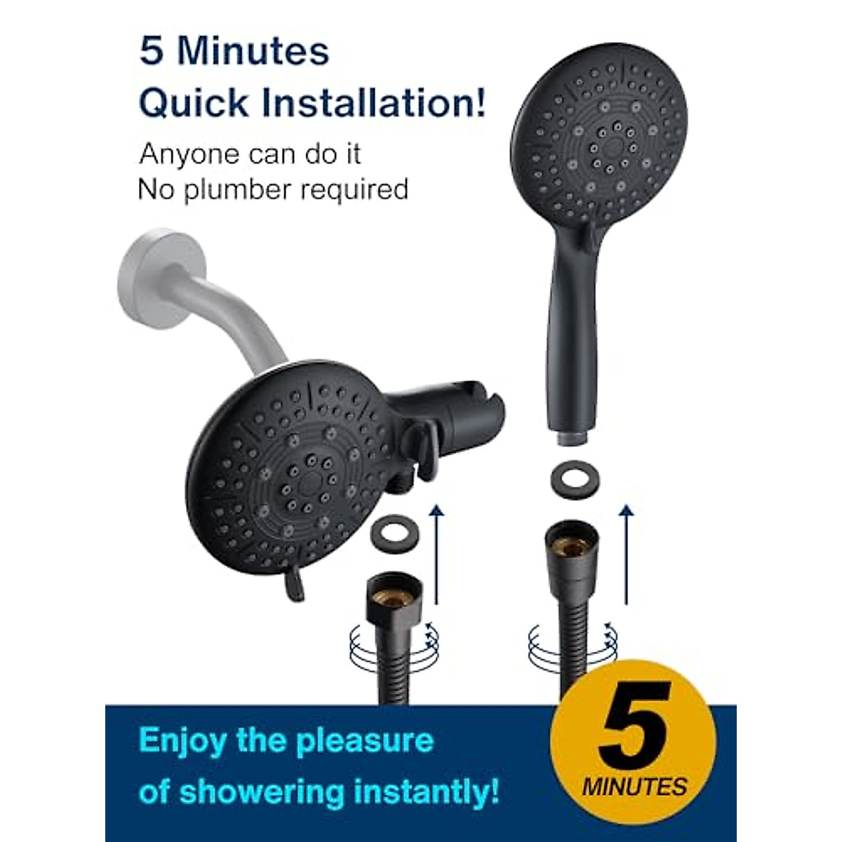 Cobbe 48-Setting High Pressure 3-Way Shower Head Combo, Hand Held Shower & Rain Shower Separately or Together, 4.7" Dual 2 in 1 Showerhead with Stainless Steel Hose - Matte Black