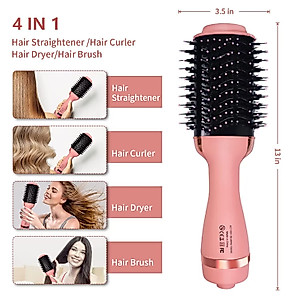 Huyerdo 4 in 1 Hair Dryer Brush, Pink Hot Air Brush Blow Dryer Brush in One, with Titanium Barrel, Hair Styler for Smooth, Negative Ion Anti-Frizz Blowout Hair Dryer Brush for Women