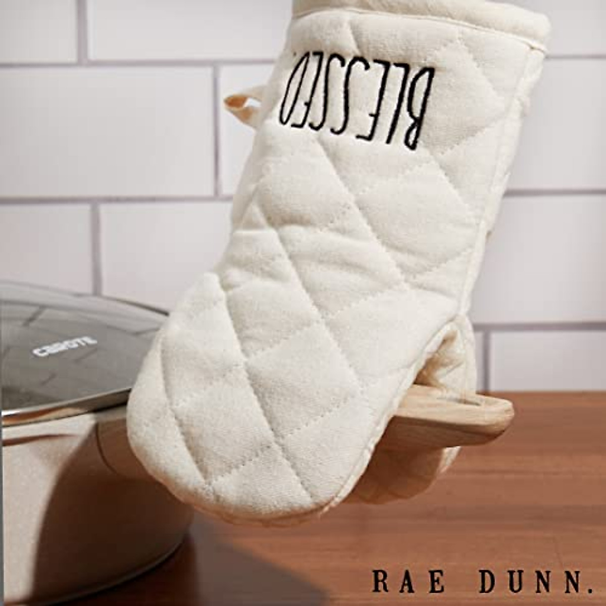Rae Dunn Mini Oven Mitts Heat Resistant, Quilted Cooking Gloves for Cooking, Grilling, Baking, Kitchen Décor, Home Essentials, Blessed, Cream