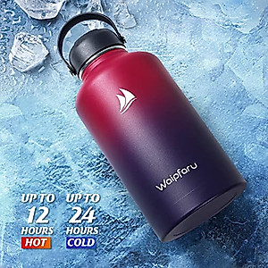 Waipfaru Half Gallon/64Oz Insulated Water Bottle, Stainless Steel Big Water Bottle with Straw, Double Wall Vacuum Wide Mouth Sports Water Jug Leakproof Carrying Pouch for Sports Gym Travel, Red Purple