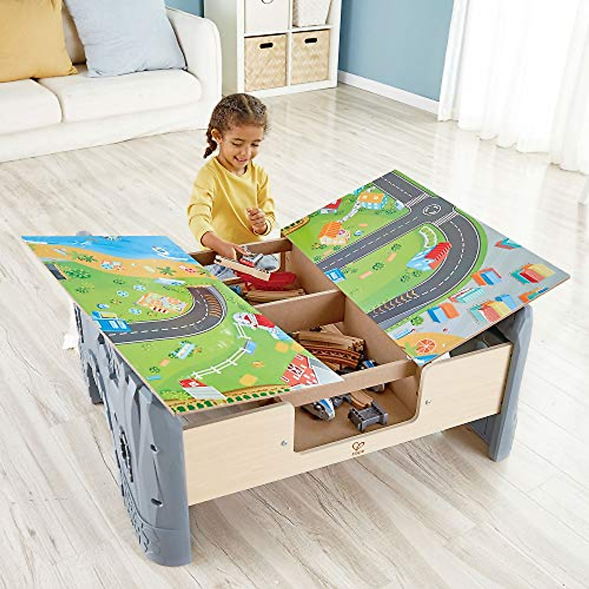 Hape E3766 70 Piece Railway Train Table and Set Toy with Battery Powered Locomotive, Removable Playmat Surface and Storage for Kids 3 Years and Up