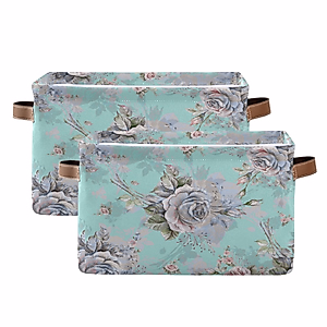 Floral Flower Rose Pattern Storage Bin Canvas Toys Storage Basket Bin Large Storage Cube Box Collapsible with Handles for Home Office Bedroom Closet Shelves,2 pcs
