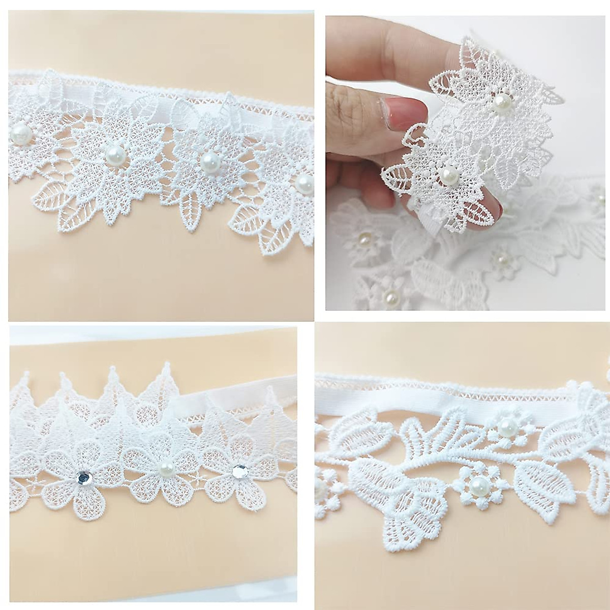 Chiffon Lace Hair Bands For Baby Grils Toddler Flower Lace Accessories Elastic Headband Hand Sewing Beads Hair Bands, Baby Show，Birthdays, Baby Shower,Baby photography, Baby Gifts,0-24 months(white)