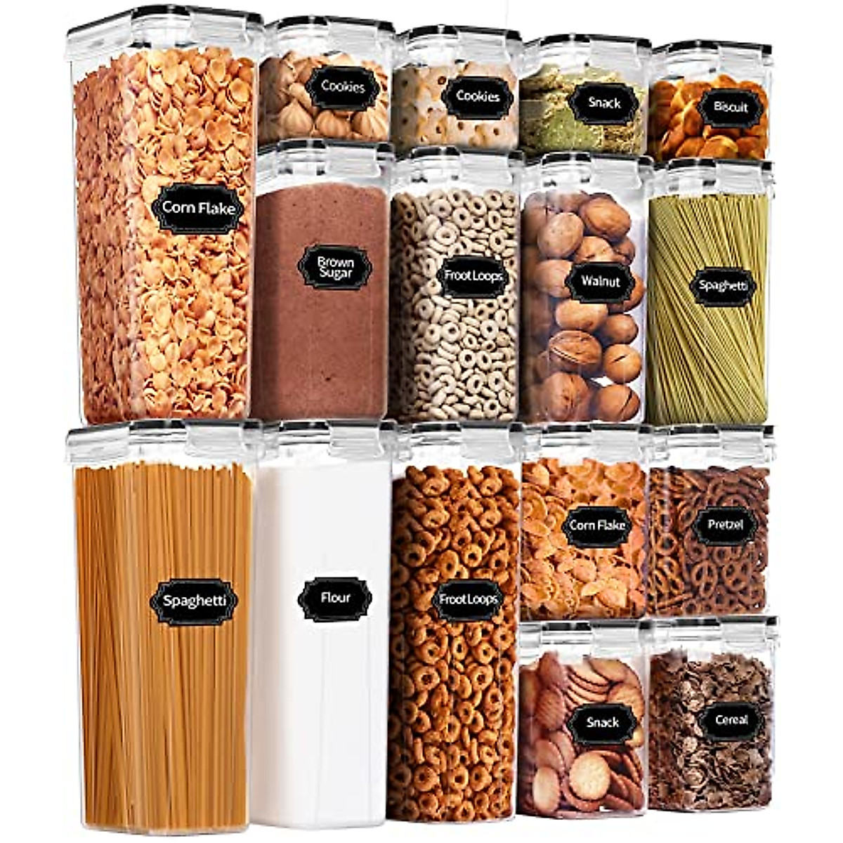 PRAKI Airtight Food Storage Container Set, 16 Pcs BPA Free Plastic Dry Food Canisters for Kitchen Pantry Organization and Storage Ideal for Cereal, Flour & Sugar - Labels, Marker(Black)