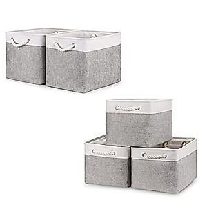 Bidtakay Baskets Set Fabric Storage Bins-White&Grey Bundled Baskets of 2 Large Baskets 16" X 11.8" X 11.8" + 3 Medium Baskets 15" X 11" X 9.5" for Closet, Shelves