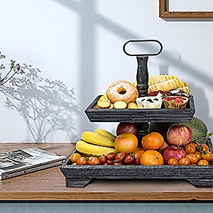 Tiered Tray Decor 2 Tier Wooden Tray Stand Decorative Serving with Metal Handle Farmhouse Two Tiered Tray-Rustic Rectangular Tiered Tray Tiered for Kitchen Table Decor Serving Tier Tray Decoration