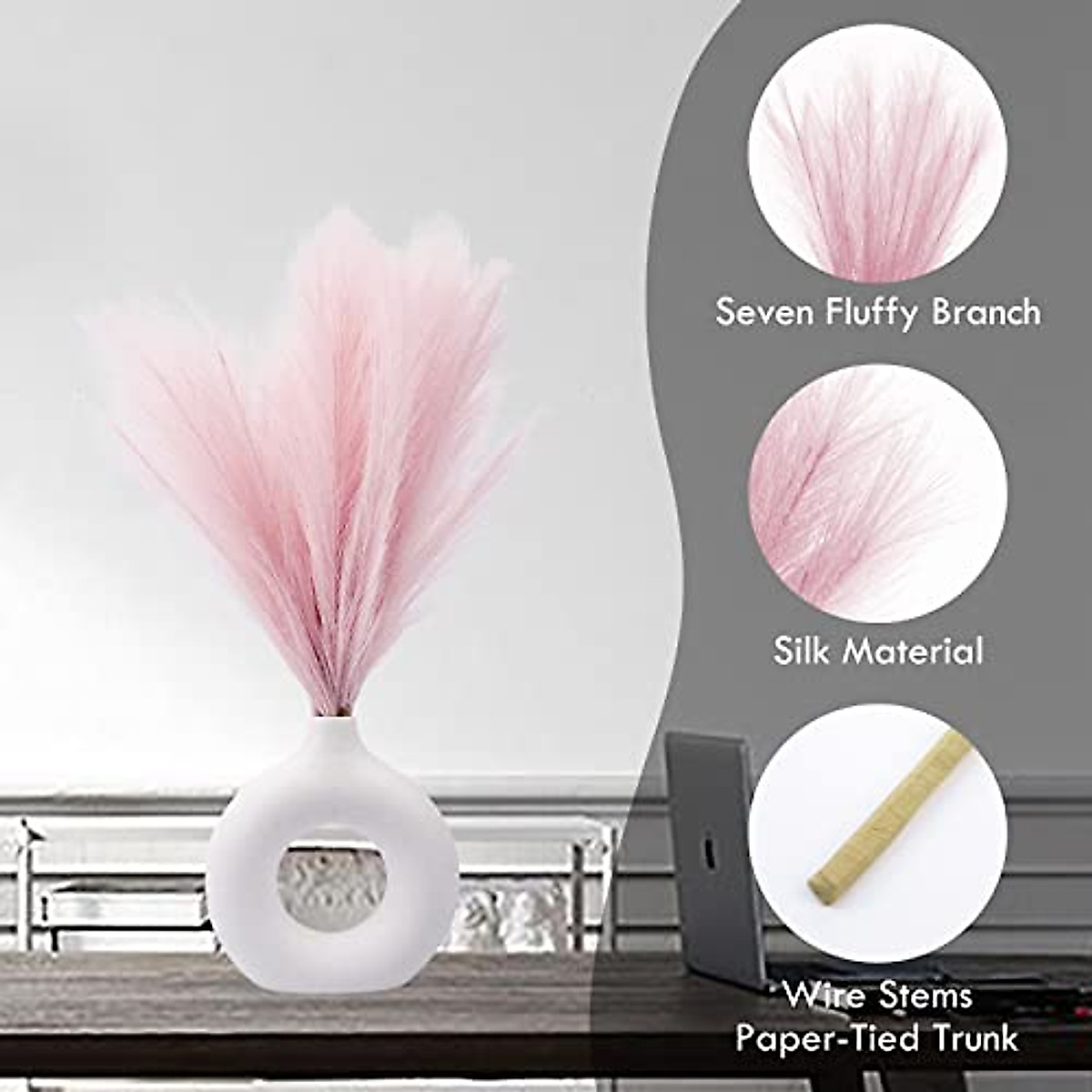 6 PCS Faux Pampas Grass 17"/44cm Artificial Fluffy Pompas Grass Fake Pampas Grass 7 Branches for Wedding Party Bedroom Boho Home Decor (034 Light Pink)