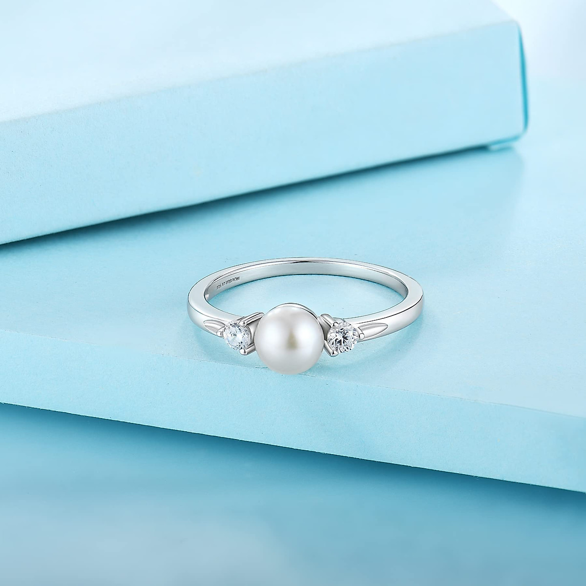 JO WISDOM Pearl Ring,925 Sterling Silver Cubic Zirconia Women's Rings with 7mm White Freshwater Cultured Pearl Ring size 8